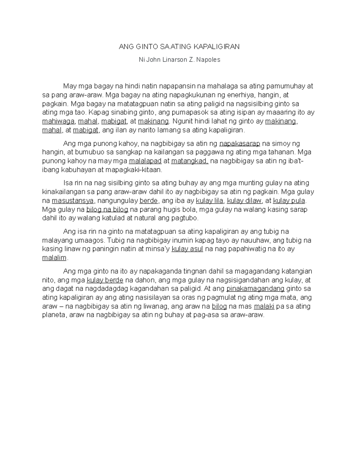 Tekstong Deskriptibo ANG Ginto SA Ating Kapaligiran - ANG GINTO SA ...