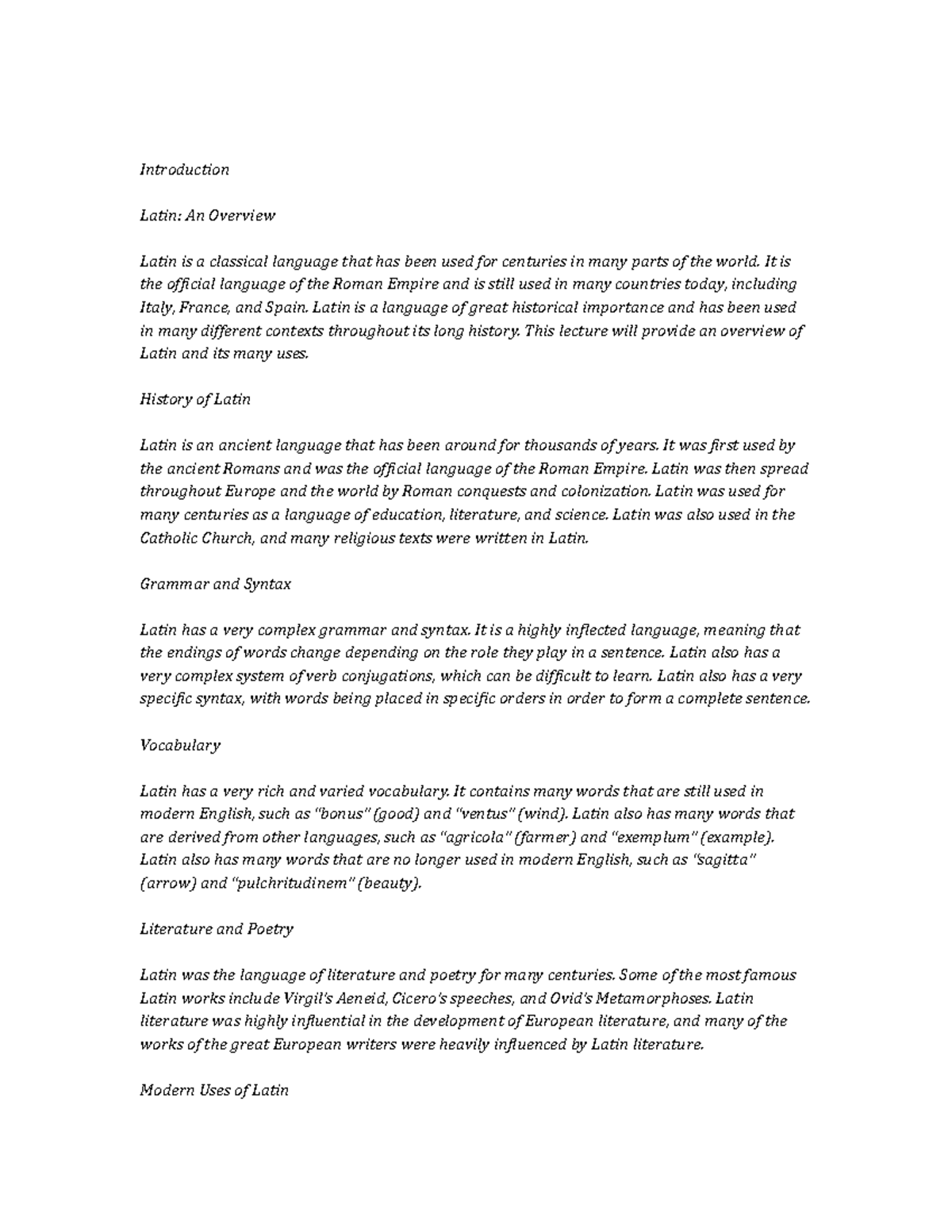 Latin Study Notes - Introduction Latin: An Overview Latin is a ...