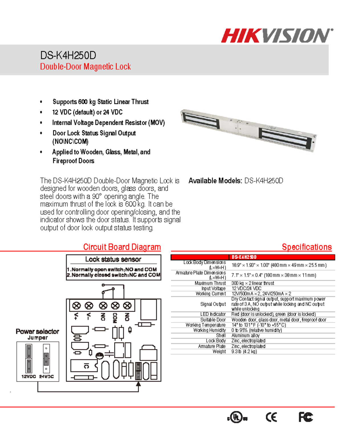 Magnetic Lock - Sample Datasheets - DS-K4H250D Double-Door Magnetic ...