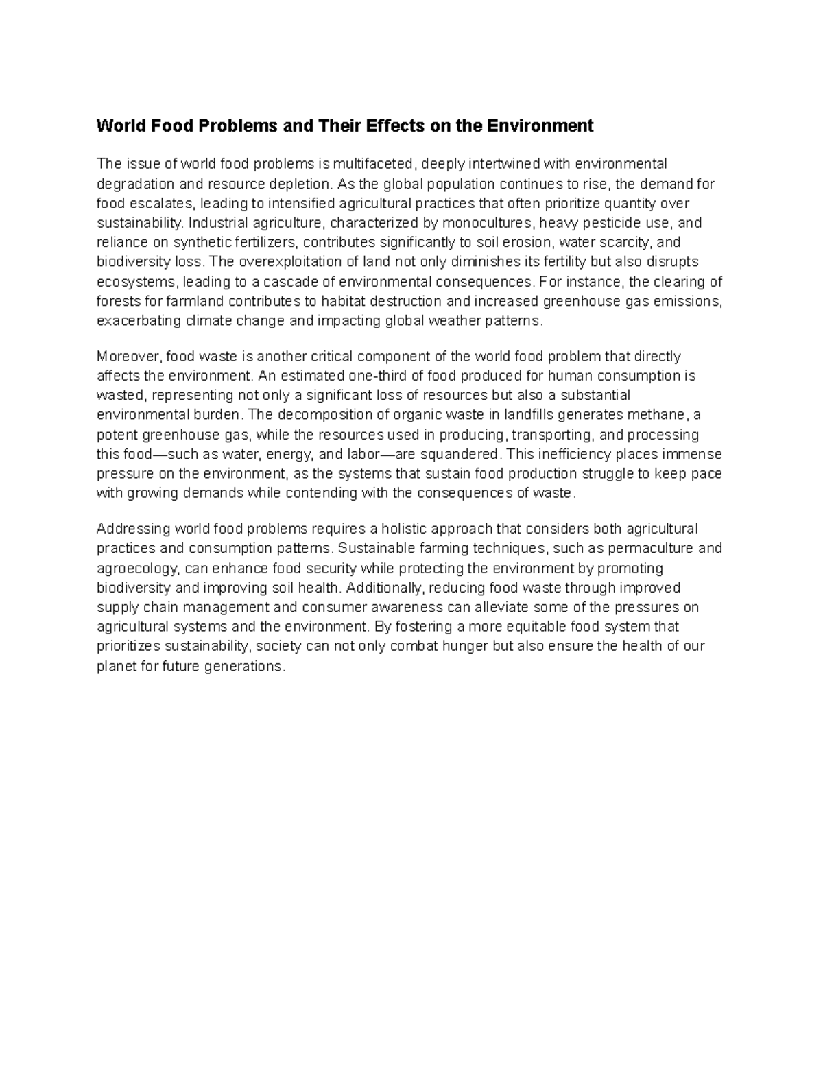 World Food Problems and Their Effects on the Environment - As the ...