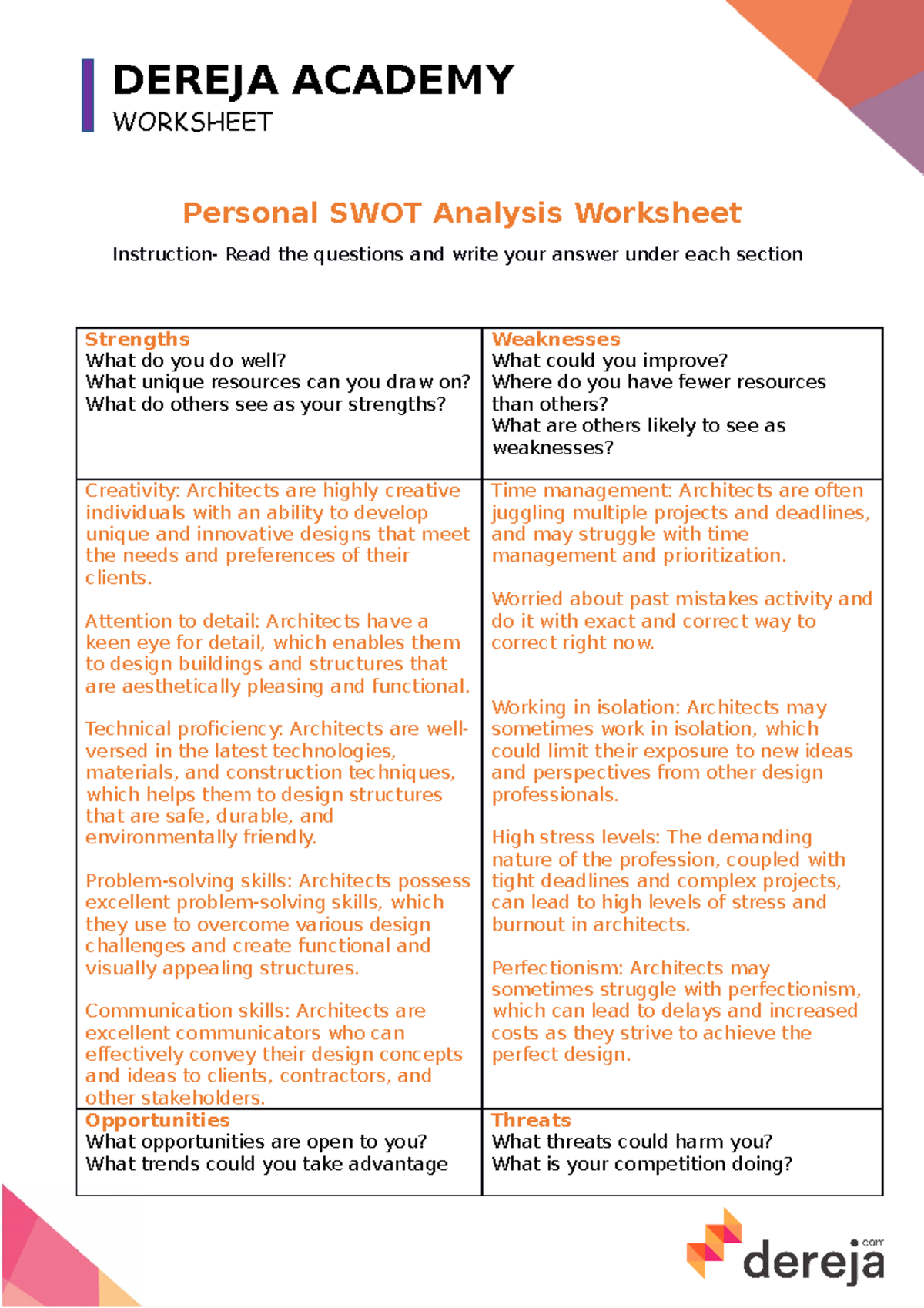 1590958171 Activity 1- DA swot analysis - DEREJA ACADEMY WORKSHEET ...
