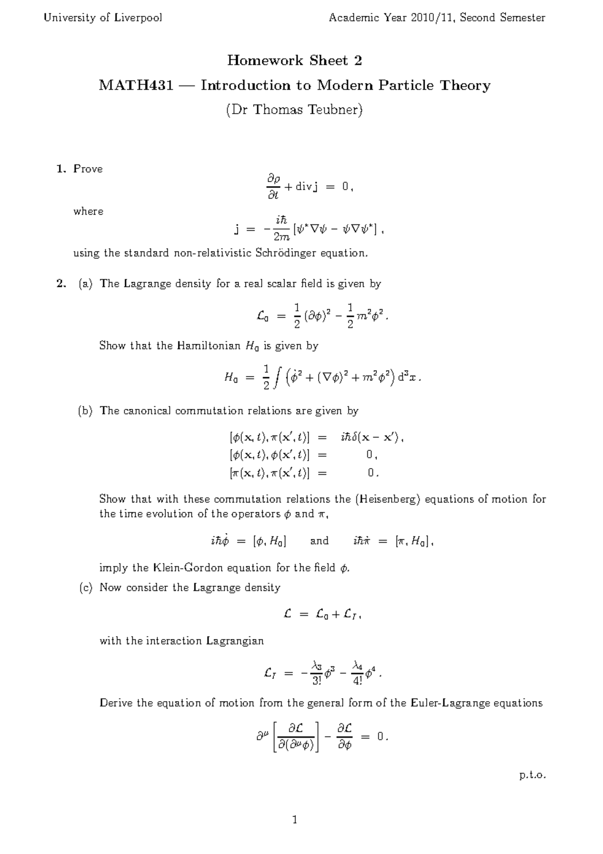 MATH431 2010-2011 Problem Sheet 2 - University of Liverpool Academic ...