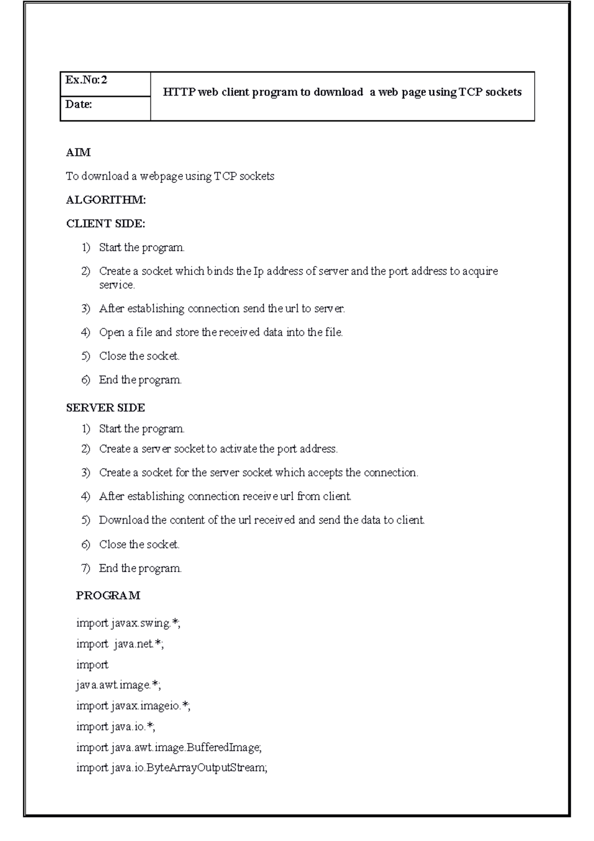 EX NO 2 - ex no 2 - Ex: HTTP web client program to download a web page using TCP sockets Date ...