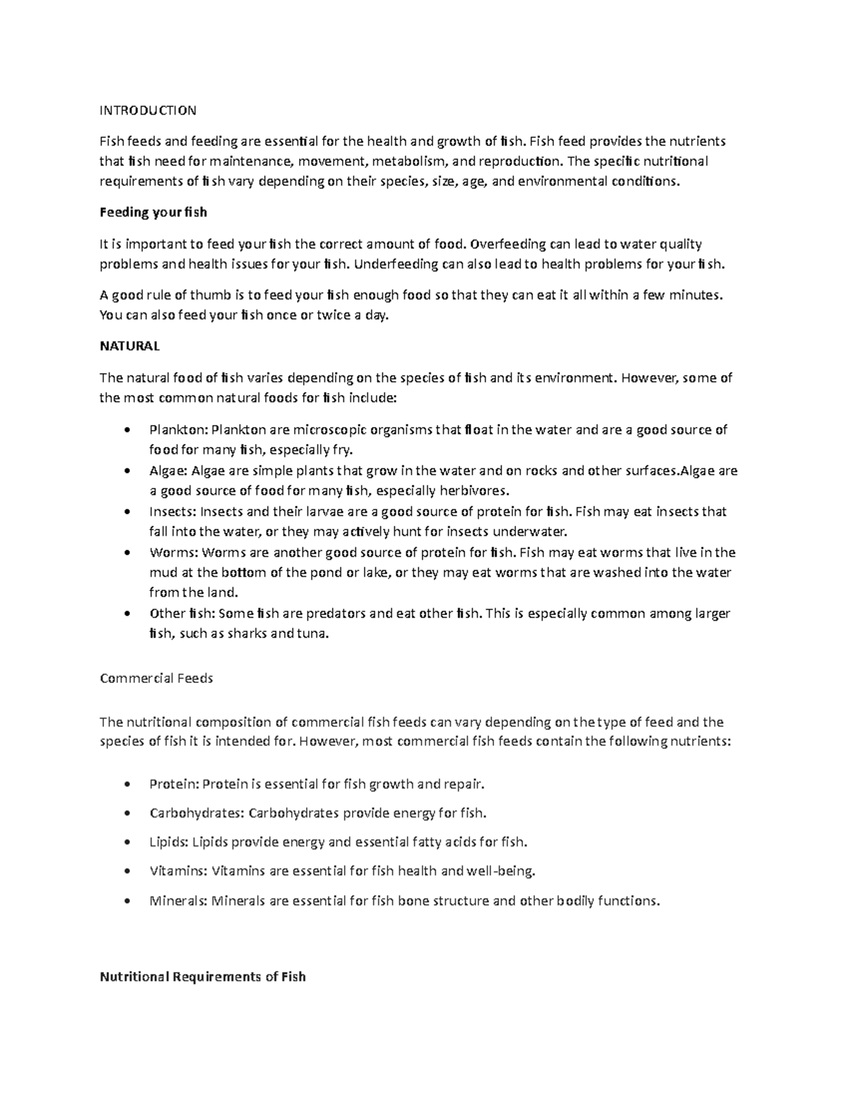 Report TLE Notes - INTRODUCTION Fish feeds and feeding are essential ...