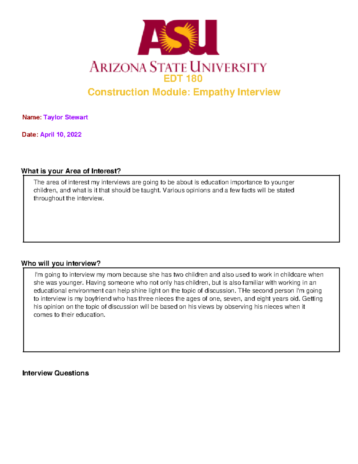 M4 Construction Module Empathy Interview Template - EDT 180 ...