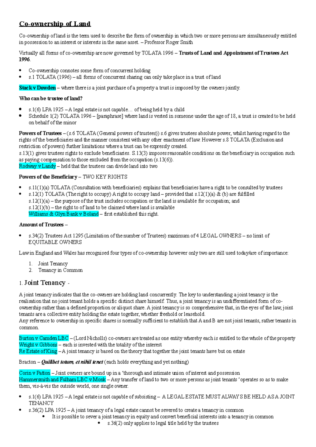 Land Law Notes Co ownership - Co-ownership of Land Co-ownership of land ...