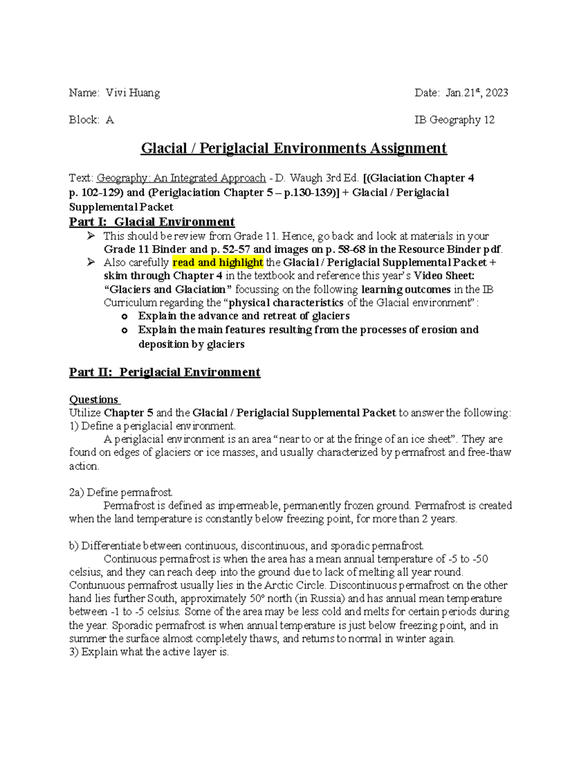 Glacier Assignment - Name: Vivi Huang Date: Jan, 2023 Block: A IB ...