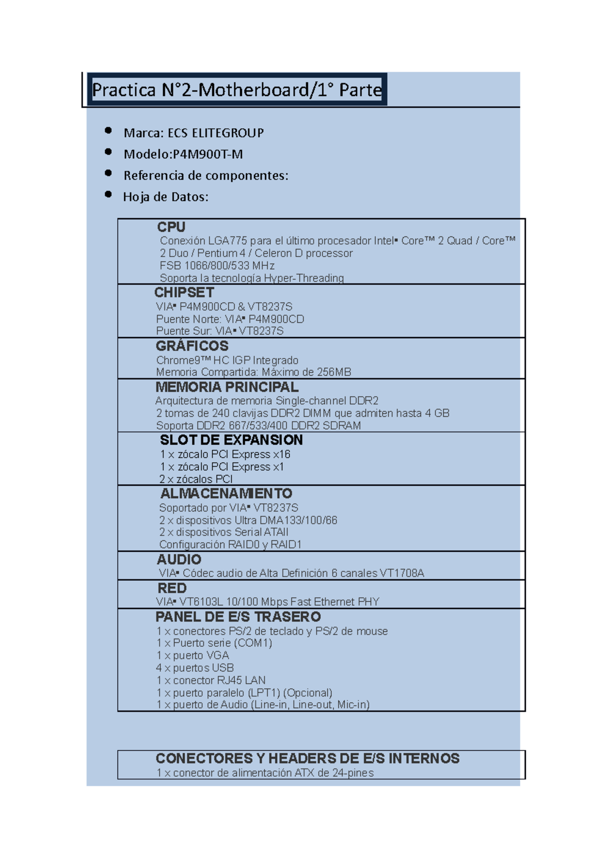 Practica N°2 - denada - Practica N°2-Motherboard/1° Parte Marca: ECS ELITEGROUP Modelo:P4M900T-M ...