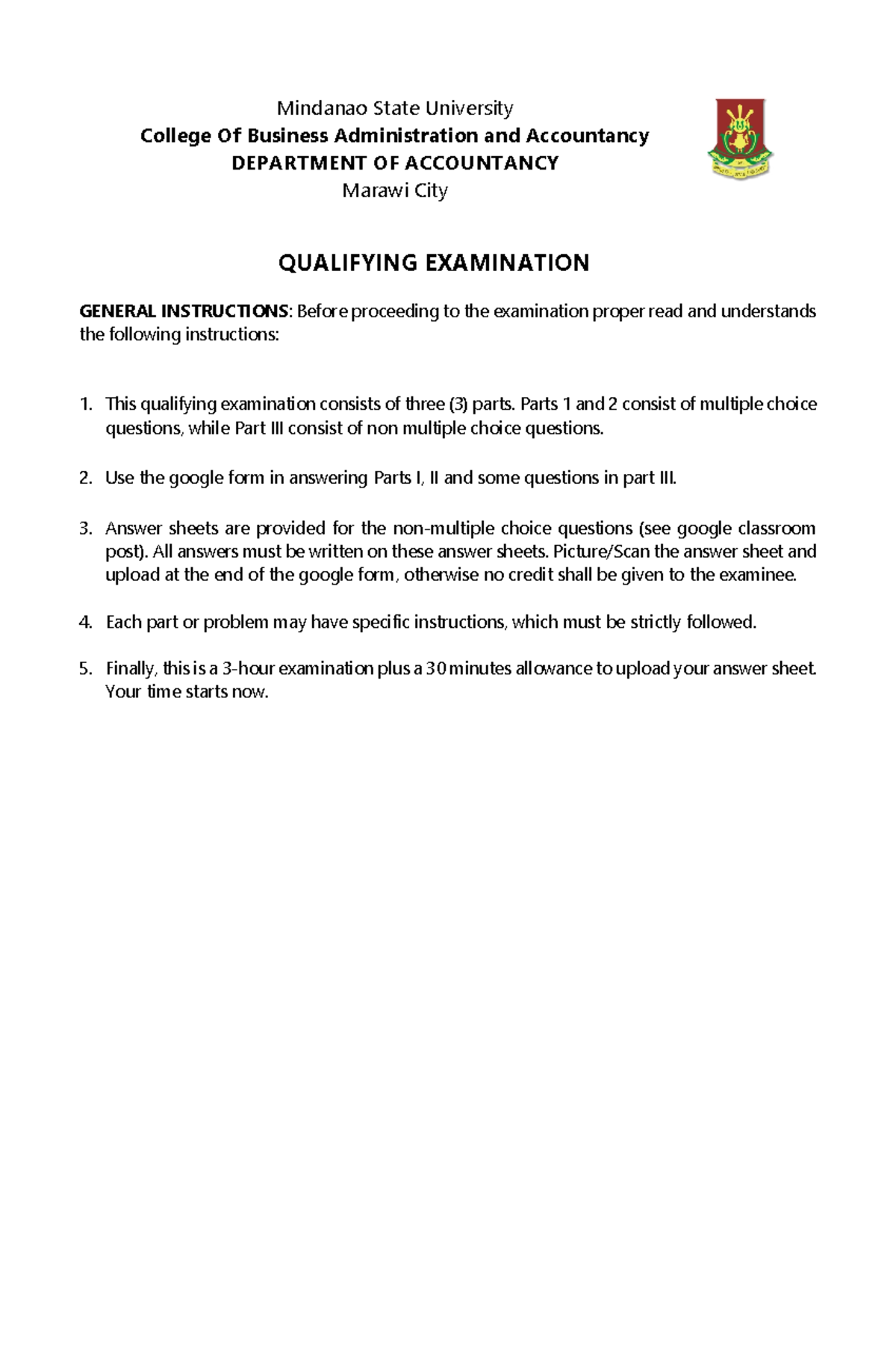 Basic accounting practice test - QUALIFYING EXAMINATION GENERAL ...