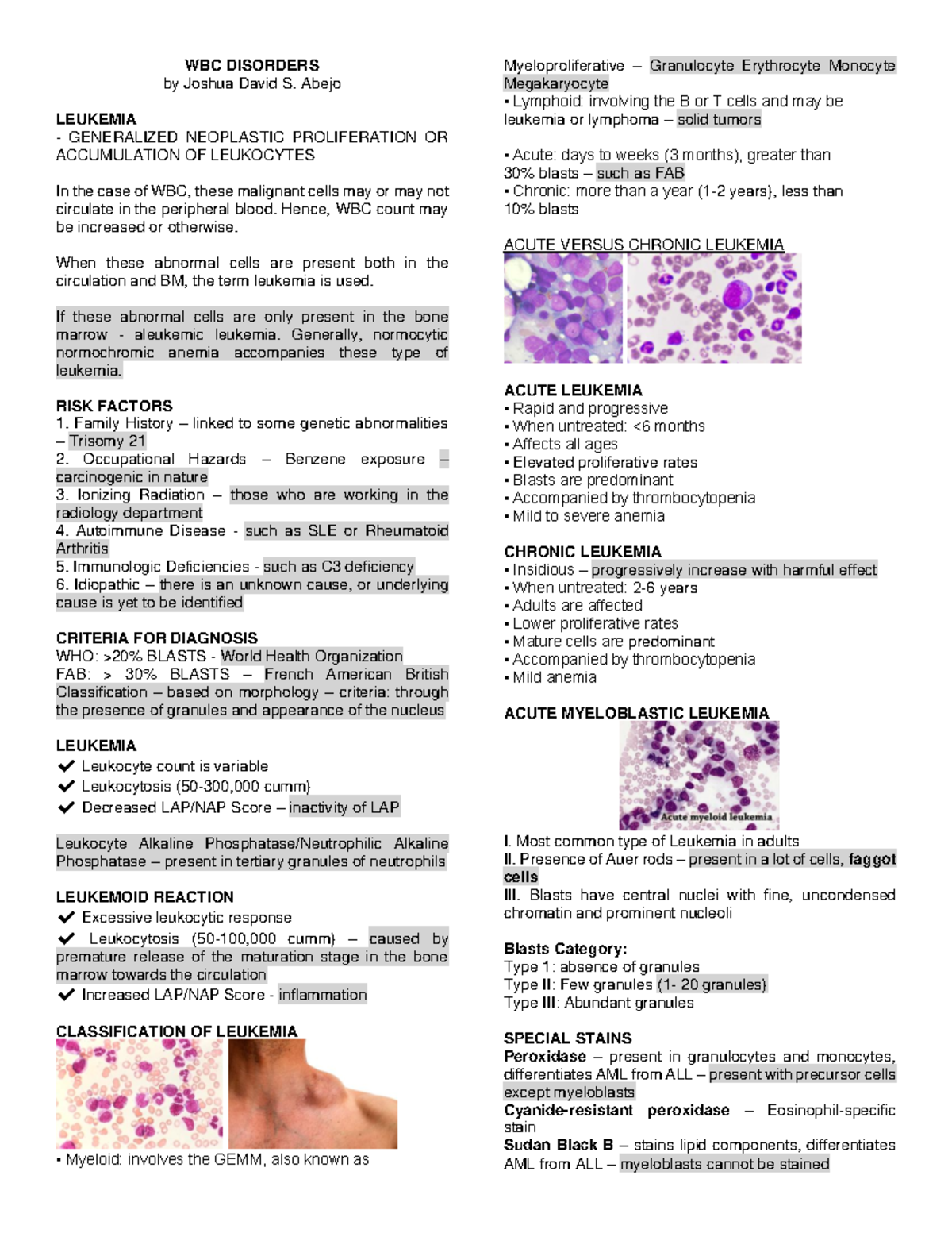 WBC Disorders with side notes - WBC DISORDERS Joshua David S. Abejo ...