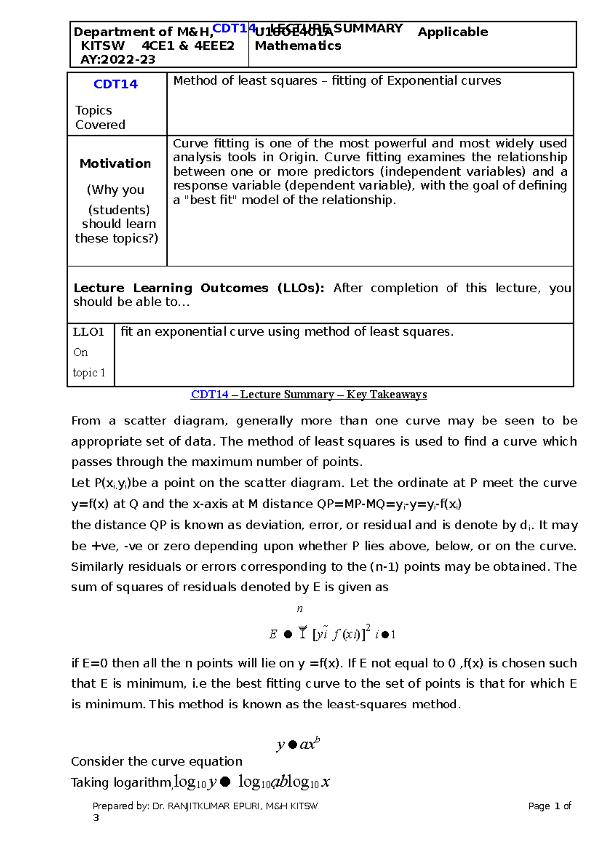 Cdt 14 Exponential Curv Cdt14 Lecture Summary Cdt Topics Covered Method Of Least Squares