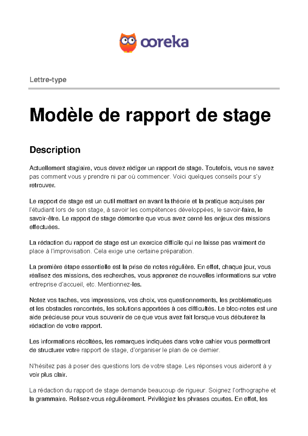 Modèle d'un rapport de stage intéressant - Lettre-type Modèle de ...