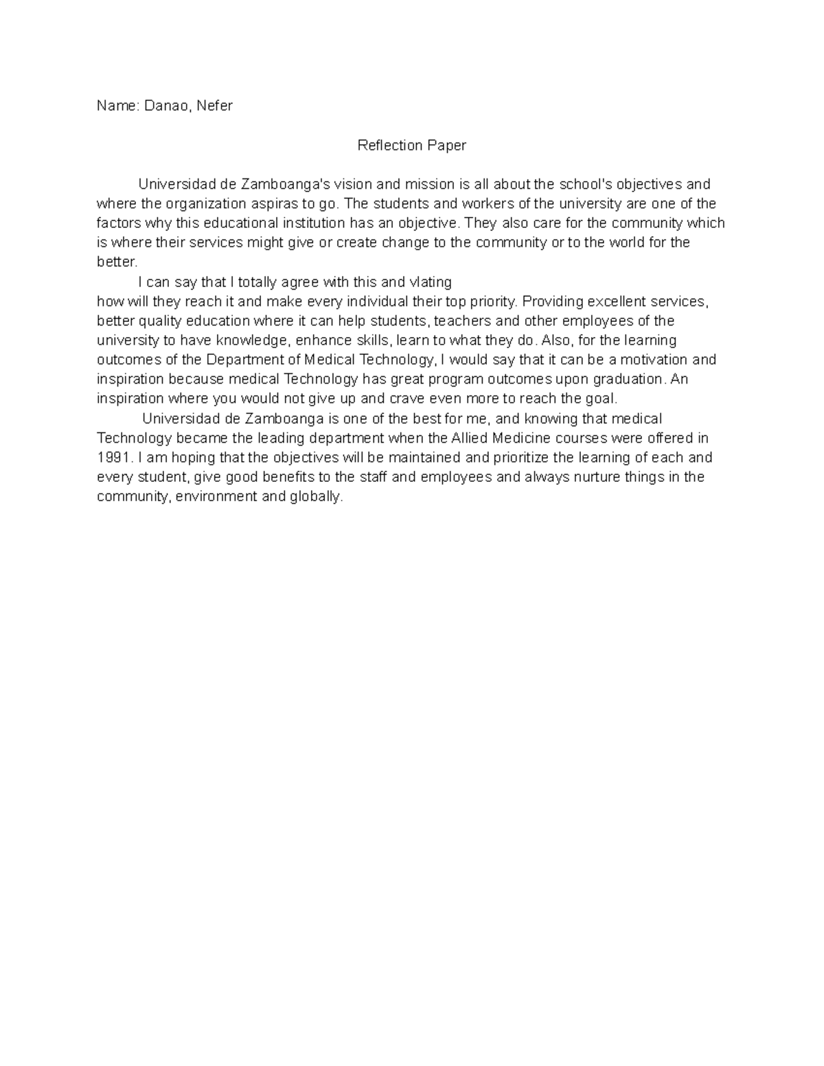 Reflection paper - Name: Danao, Nefer Reflection Paper Universidad de ...