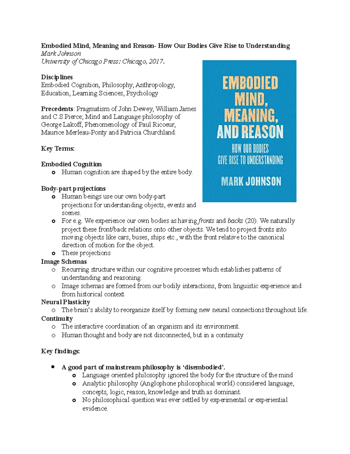 Embodied Mind Final Paper - Embodied Mind, Meaning and How Our Bodies ...