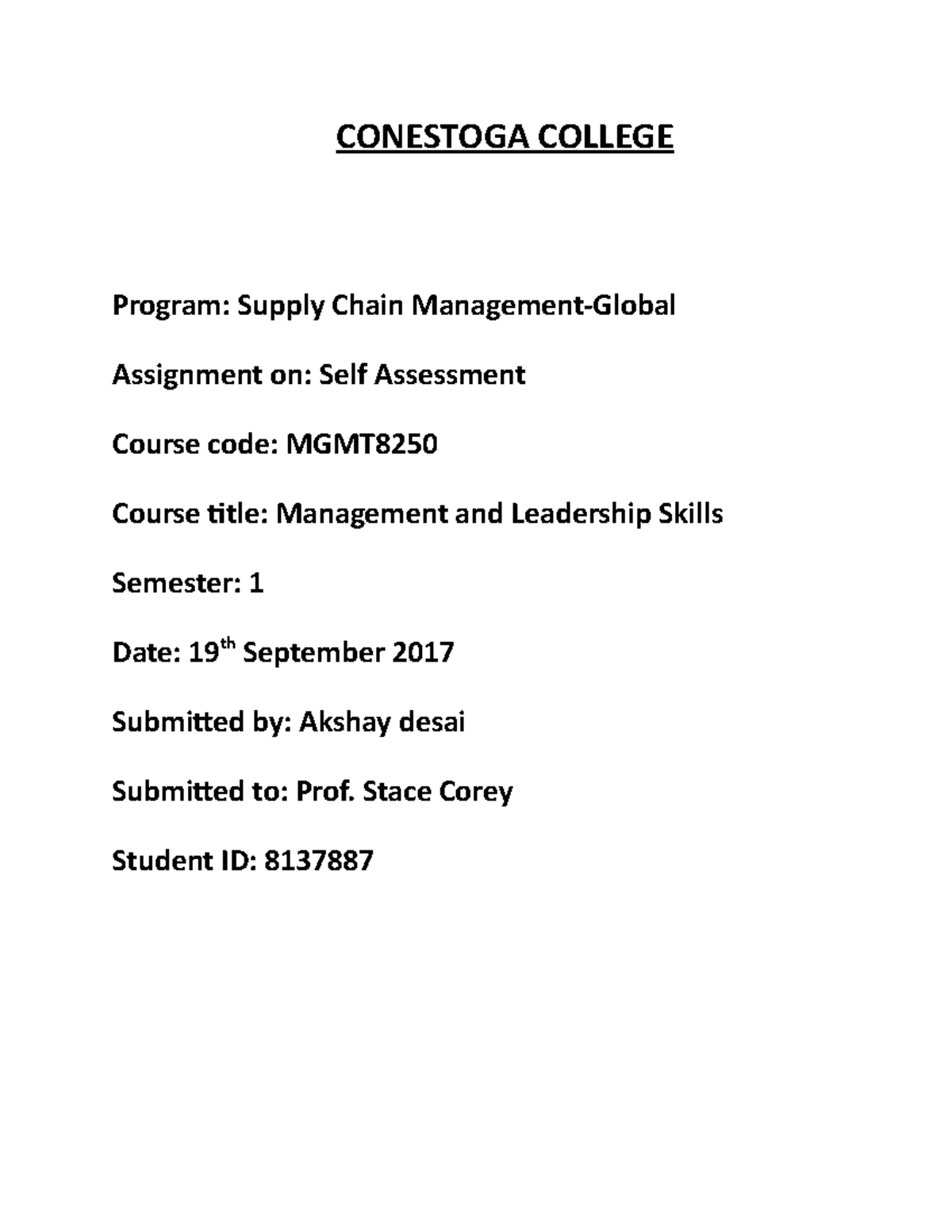 Assessment - CONESTOGA COLLEGE Program: Supply Chain Management-Global ...