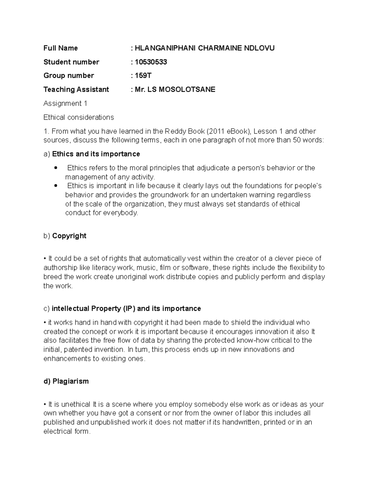 EUP 1501 - Assignment 1 S2 - Full Name : HLANGANIPHANI CHARMAINE NDLOVU ...