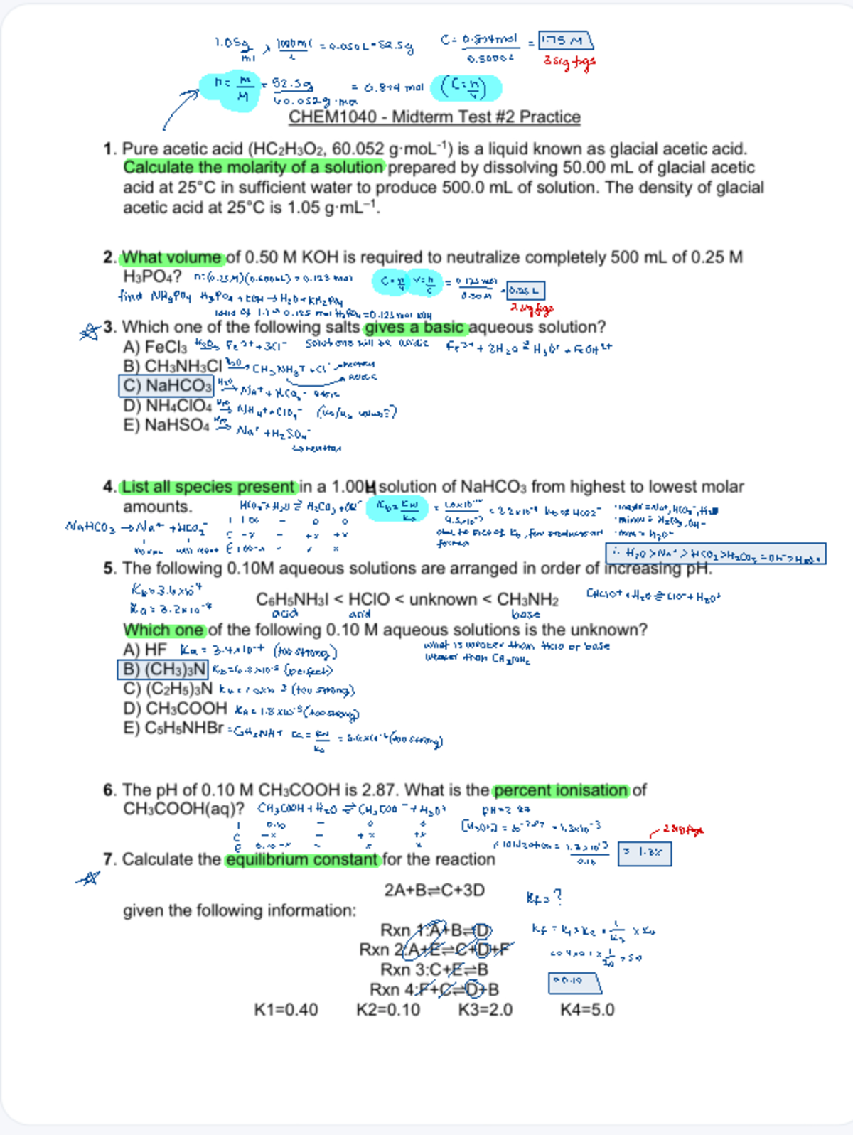 Chem (1040) Exam Prep - Midterm 2 practice solutions - 1. 0Sq, x 10m1= 0 . 0502=S2 . Sg C = mo ...