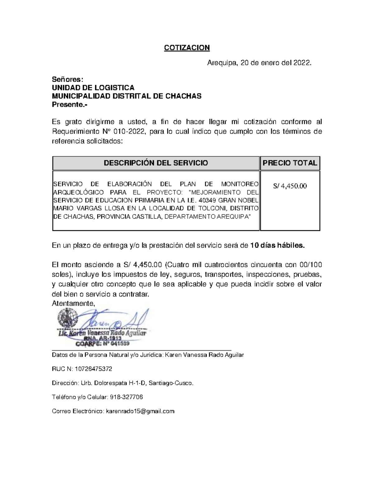 Proforma Servicios Carta CCI Declaracion Jurada - COTIZACION Arequipa, 20 de enero del 2022 ...
