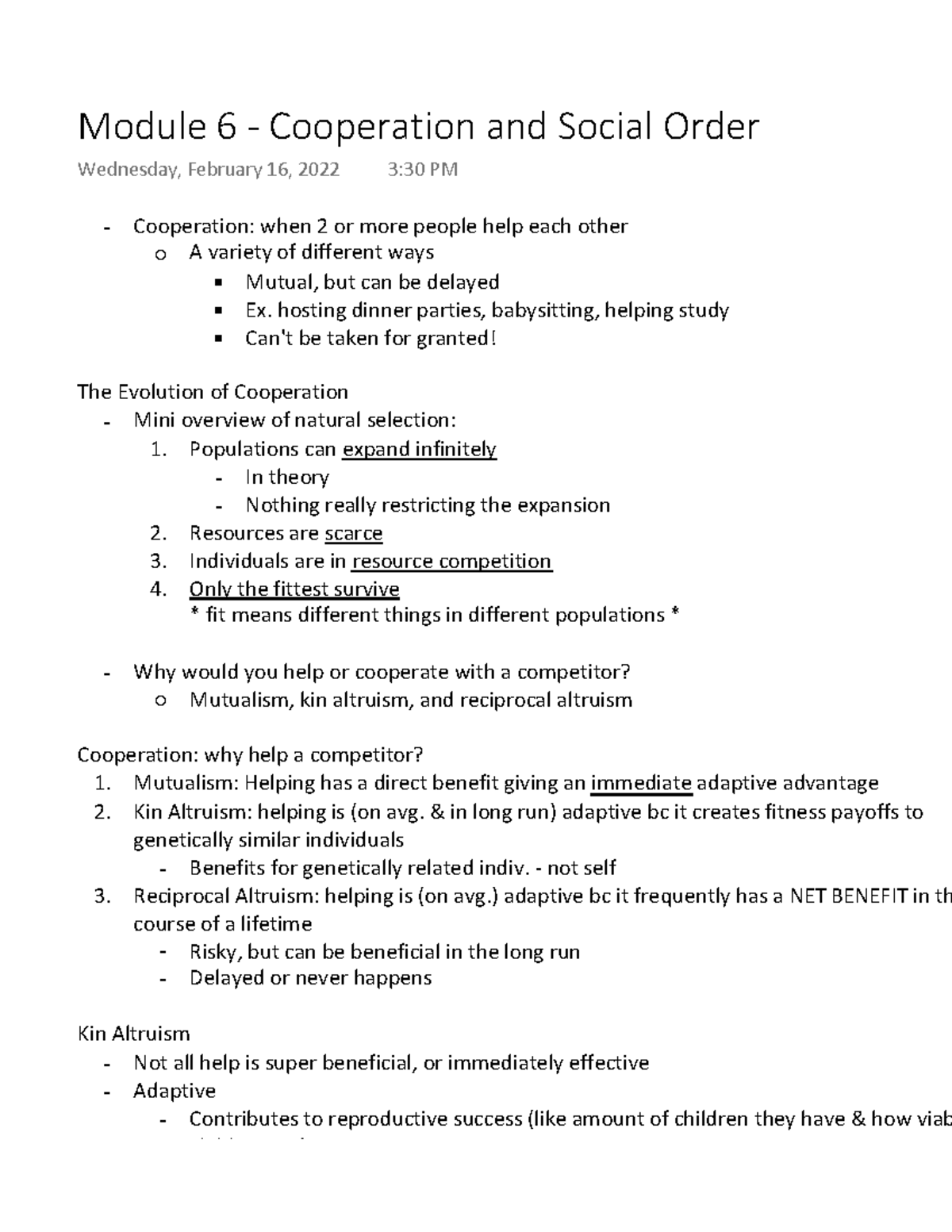 Module 6 - Cooperation and Social Order - Cooperation: when 2 or more ...