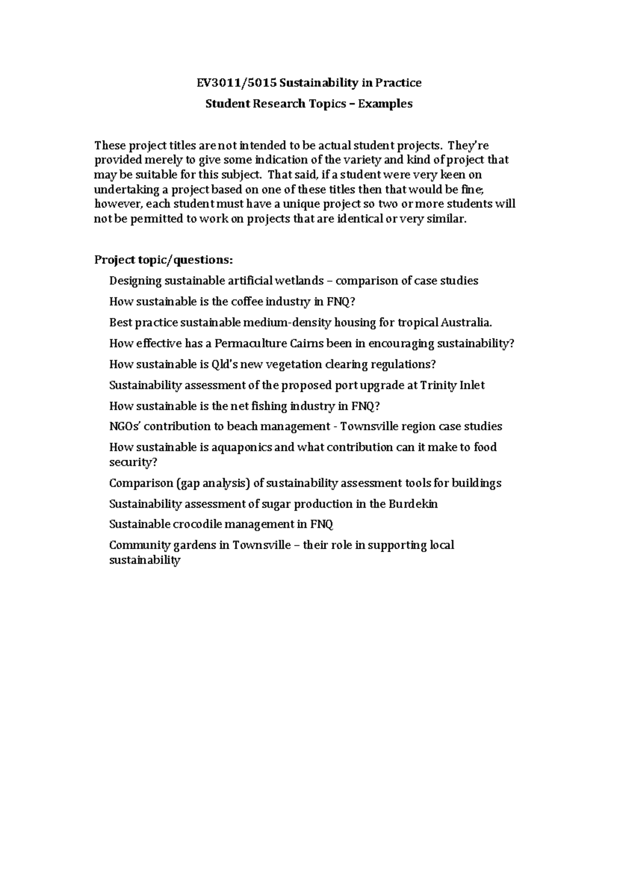 EV3011 5015 Research Topic - examples - EV3011/5015 Sustainability in ...