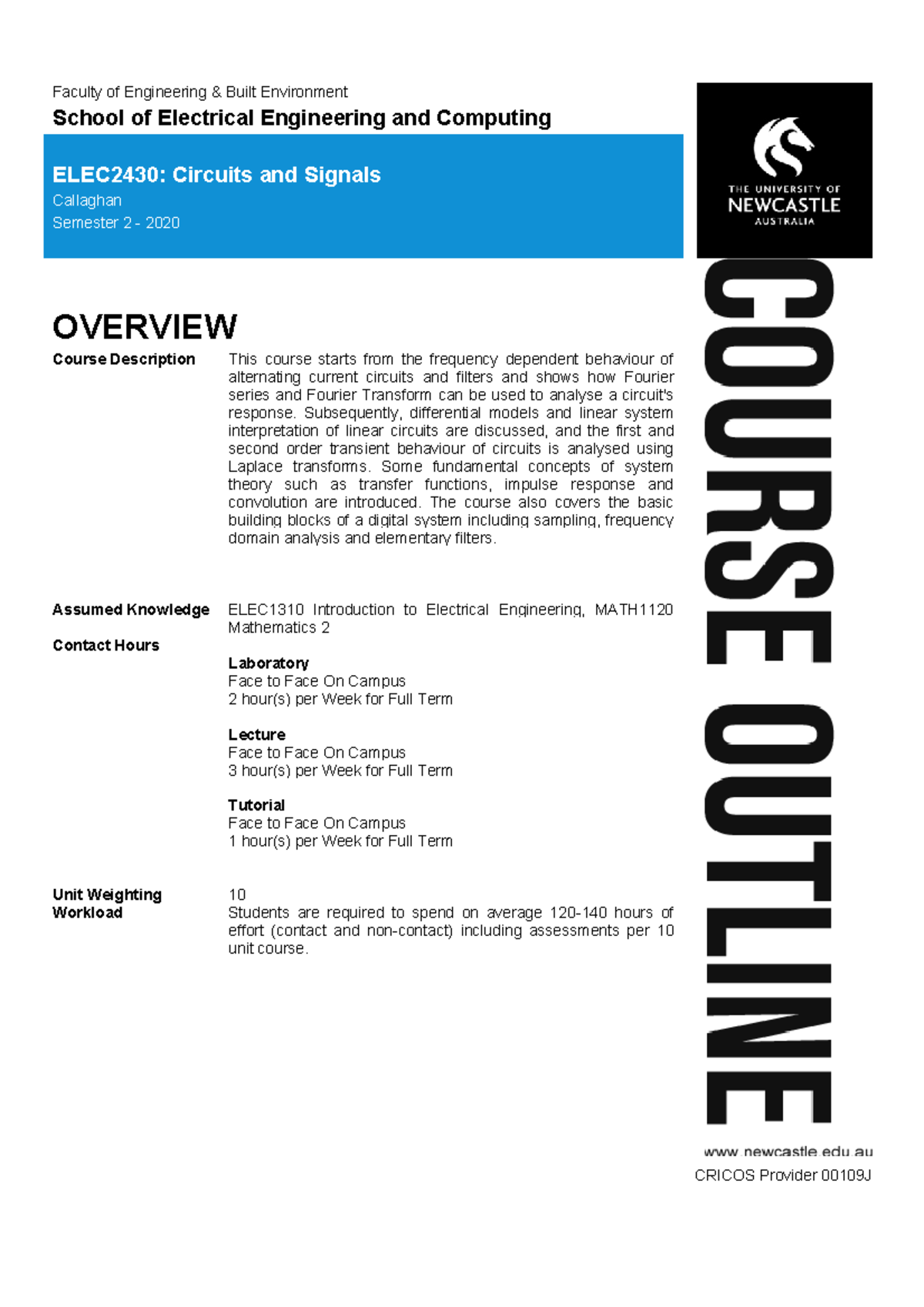 00 ELEC2430 Course Outline - Faculty of Engineering & Built Environment School of Electrical ...