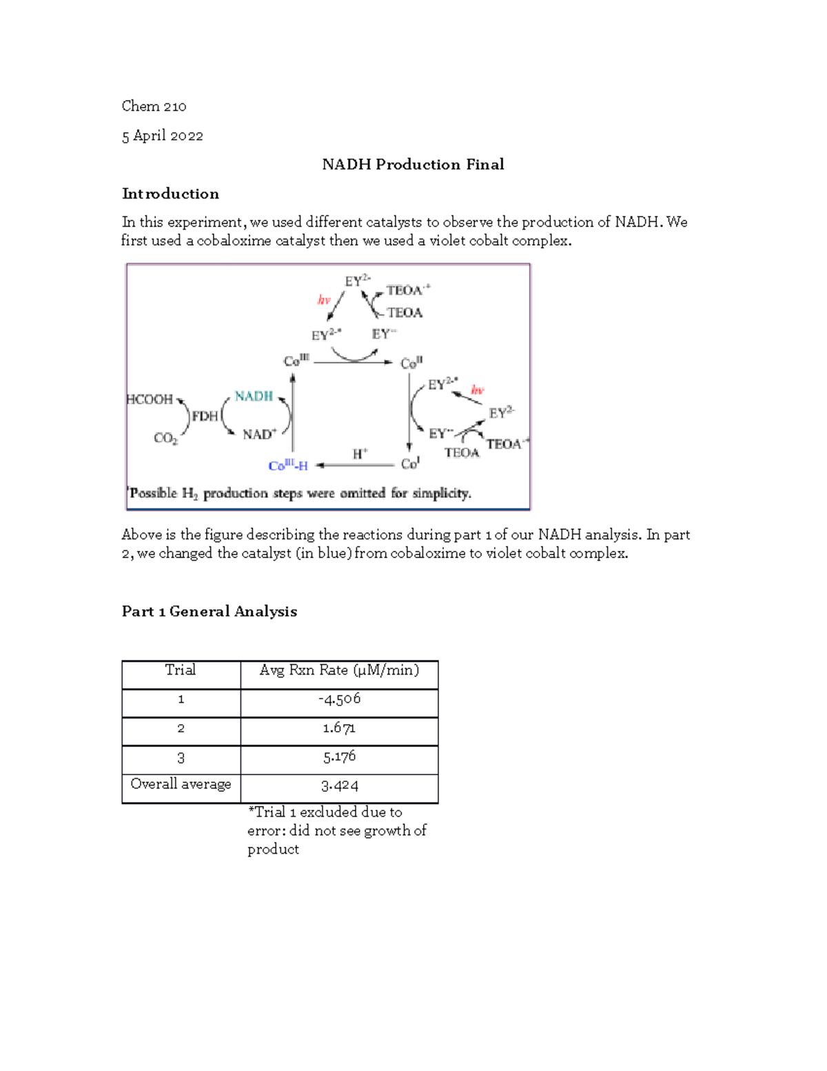 NADH Final Report - lab - Chem 210 5 April 2022 NADH Production Final ...