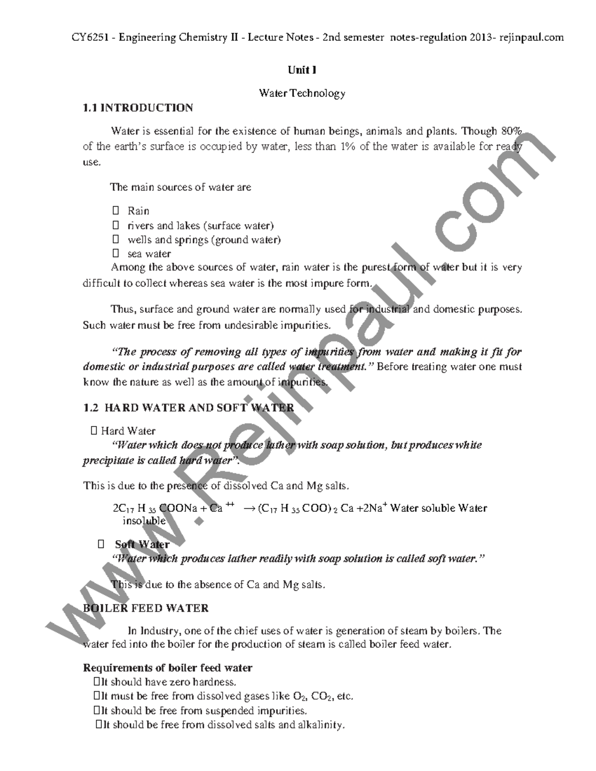 CY6251 Engineering Chemistry II Lecture Notes - Unit I Water Technology ...