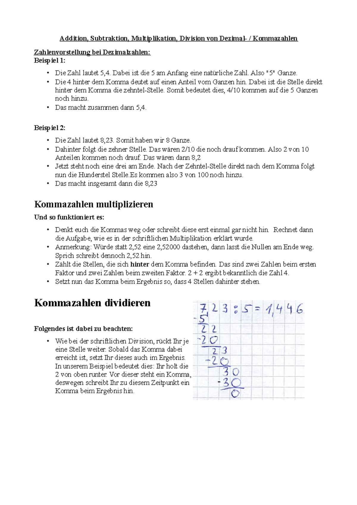 Addition, Subtraktion, Multiplikation, Division von Dezimal ...