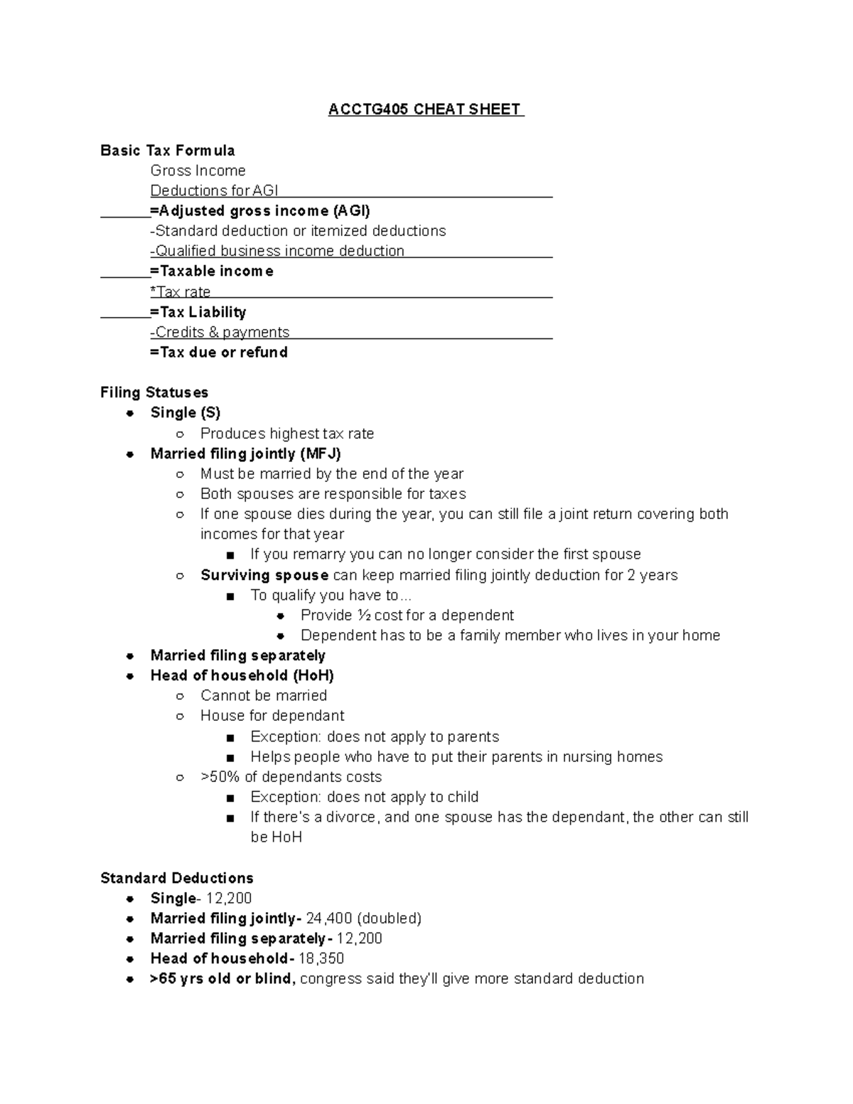 Exam 1 Cheat Sheet - ACCTG405 CHEAT SHEET Basic Tax Formula Gross ...
