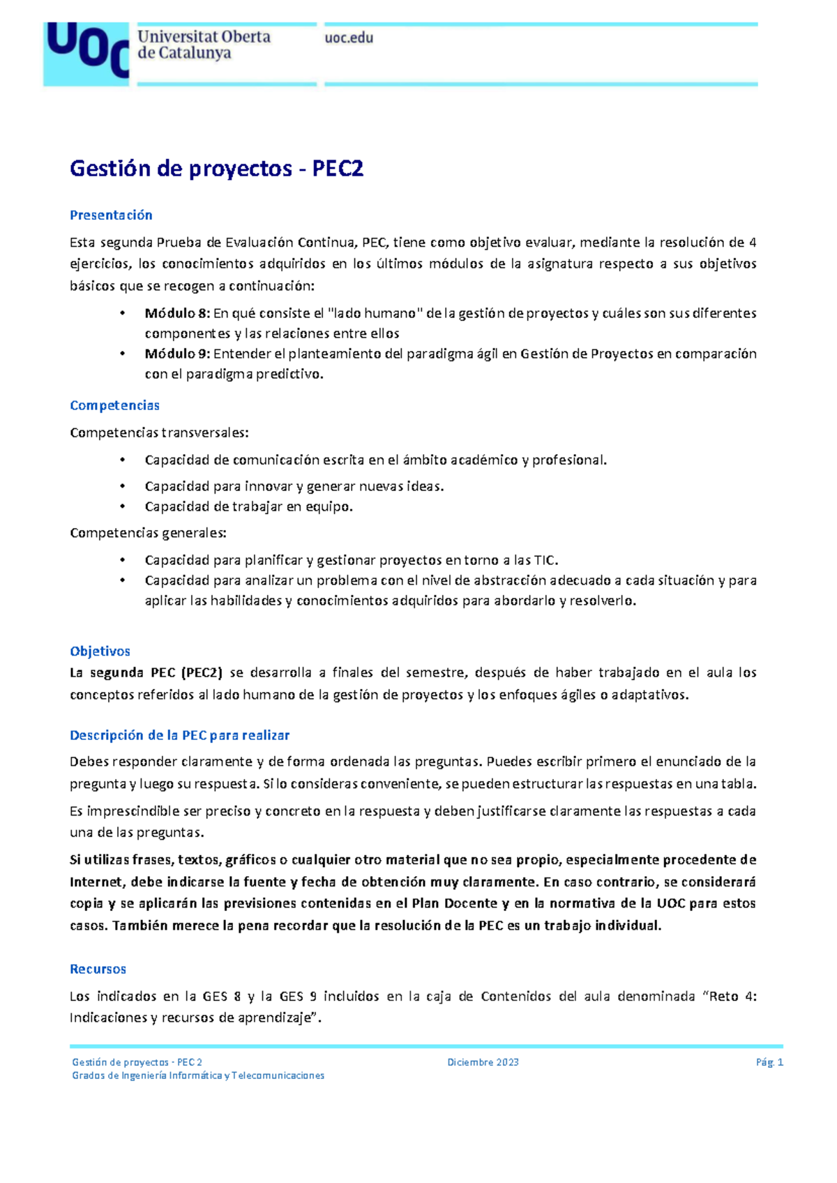 PEC 2 Resolución propuesta - Gestión de proyectos · PEC 2 Diciembre 2023 Pág. 1 Gestión de ...