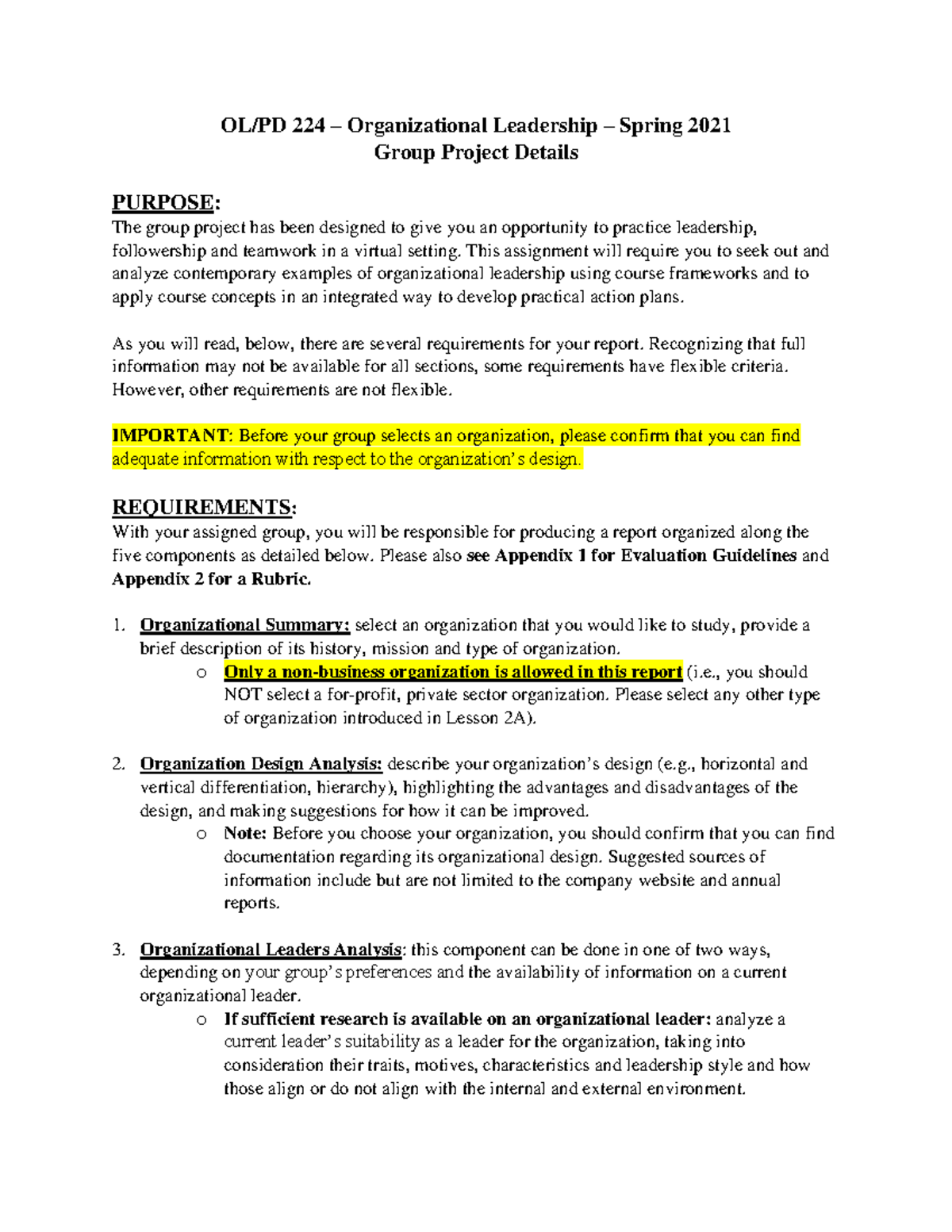 OLPD 224 S21 - Group Project - OL/PD 224 – Organizational Leadership ...
