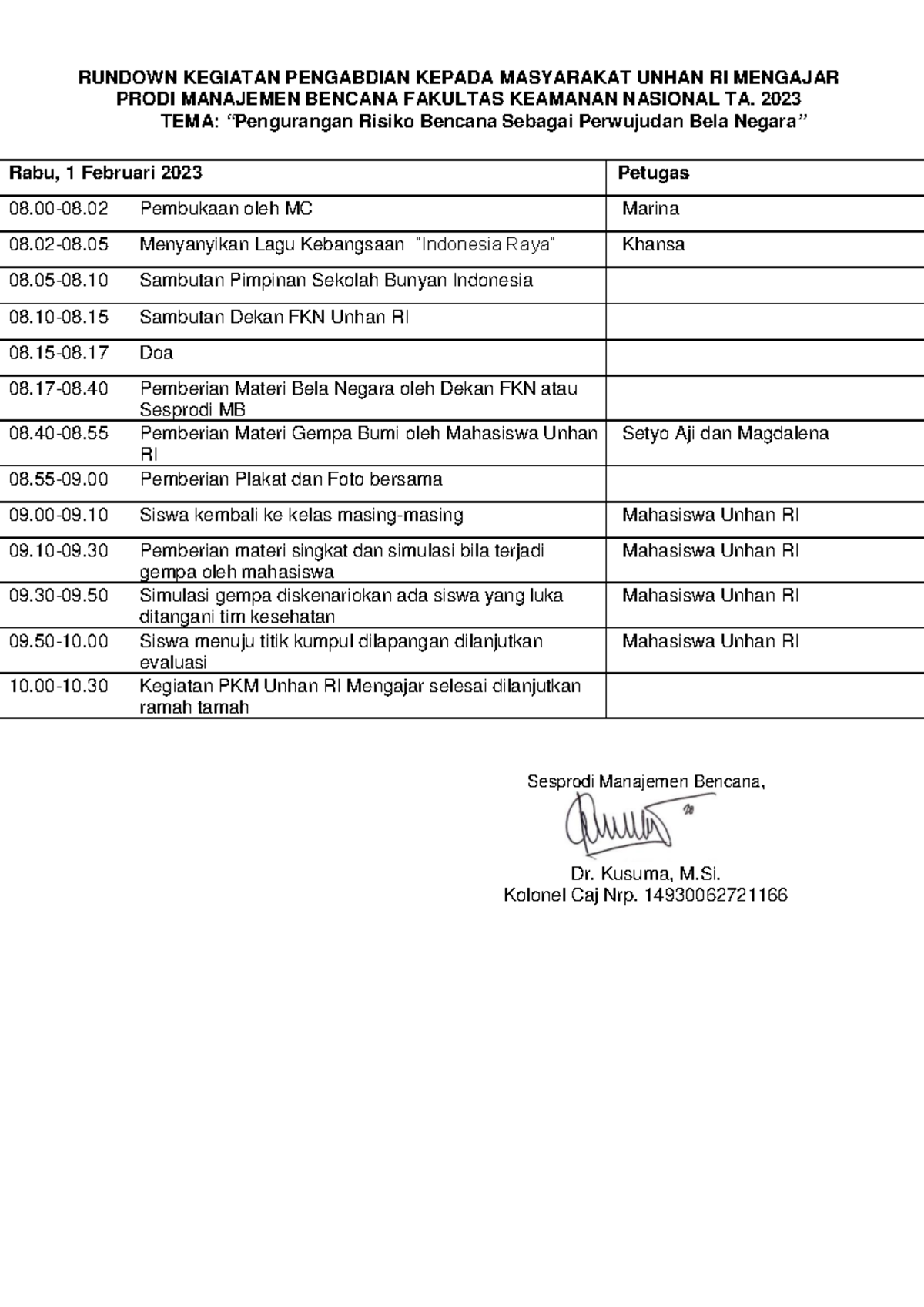 Rundown GIAT Unhan RI Mengajar - RUNDOWN KEGIATAN PENGABDIAN KEPADA ...