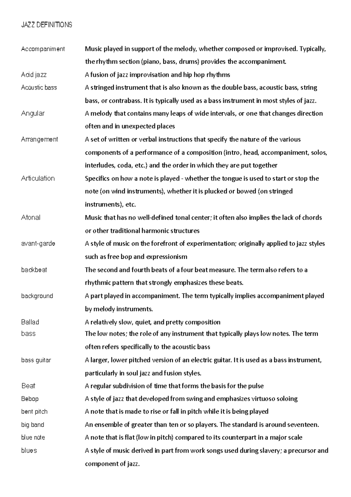 Music Jazz Definitions JAZZ DEFINITIONS Accompaniment Music Played In