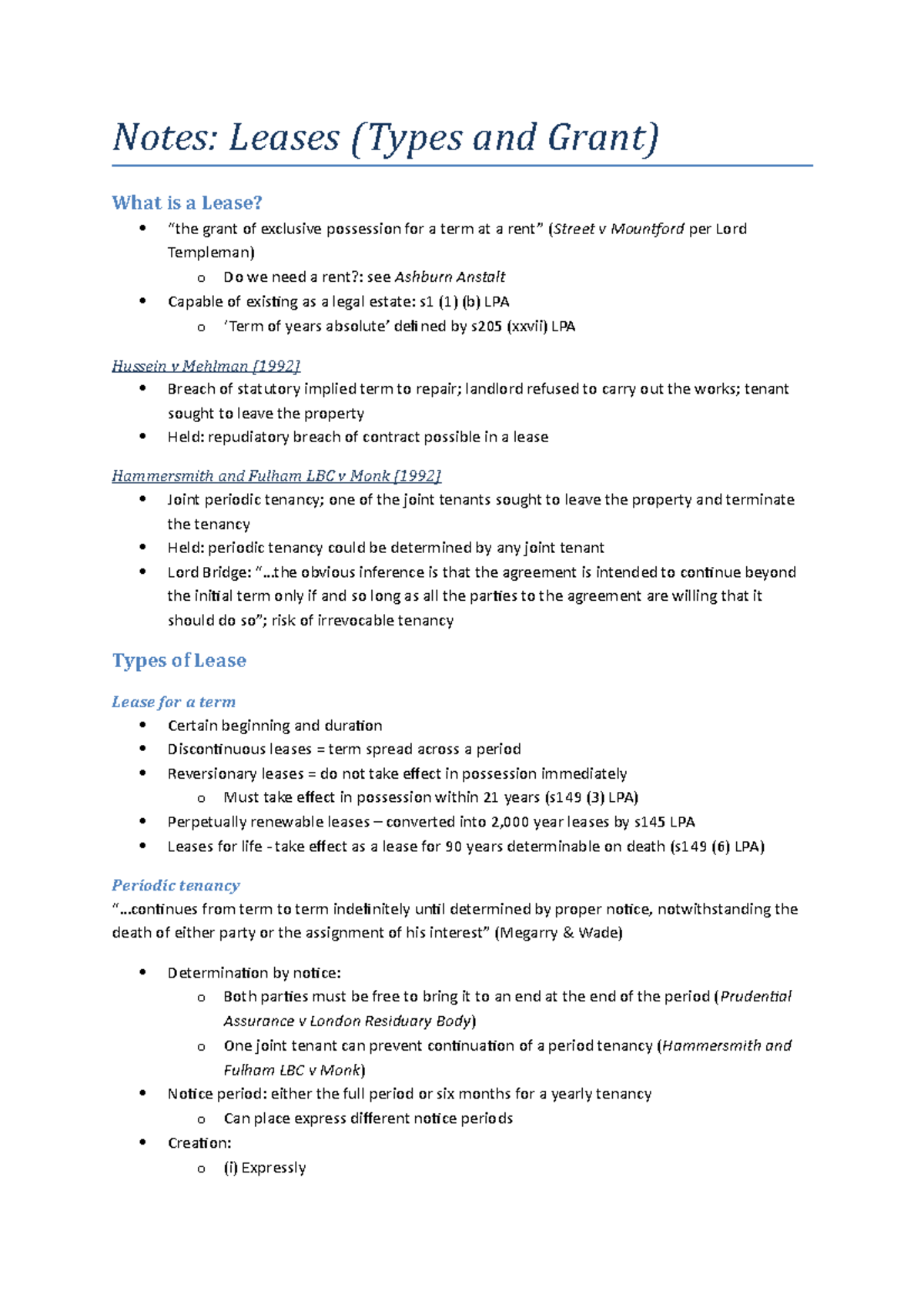 Notes Leases (Full) - Notes: Leases (Types and Grant) What is a Lease ...