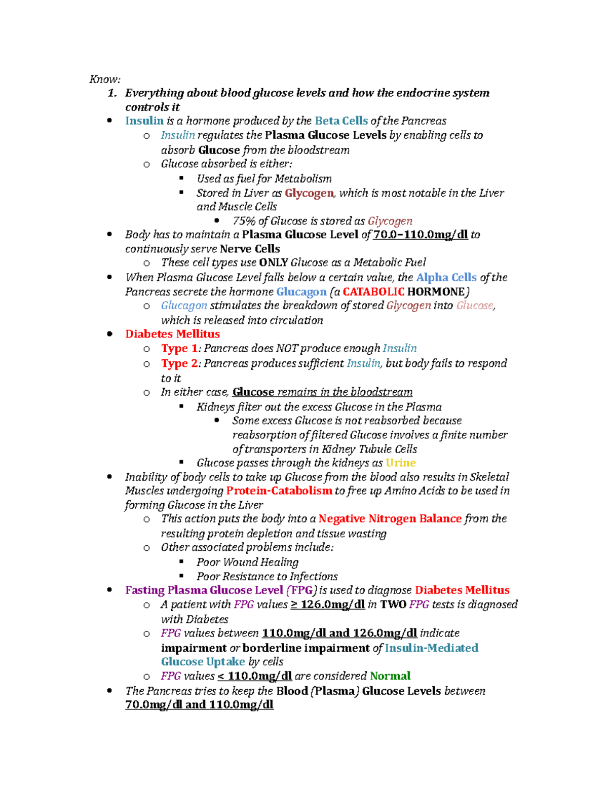 Lab Practical 1 Study Guide - Know: 1. Everything about blood glucose ...