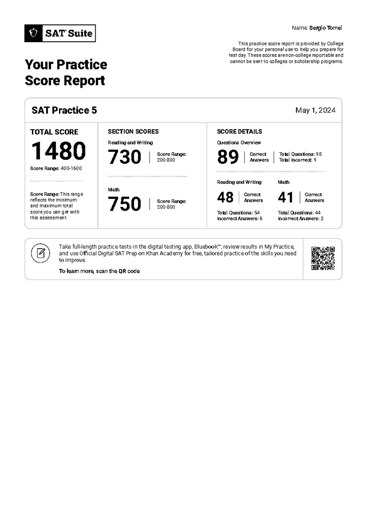 SAT Practice 5 05012024 - Your Practice Score Report Name: Sergio Tomei ...
