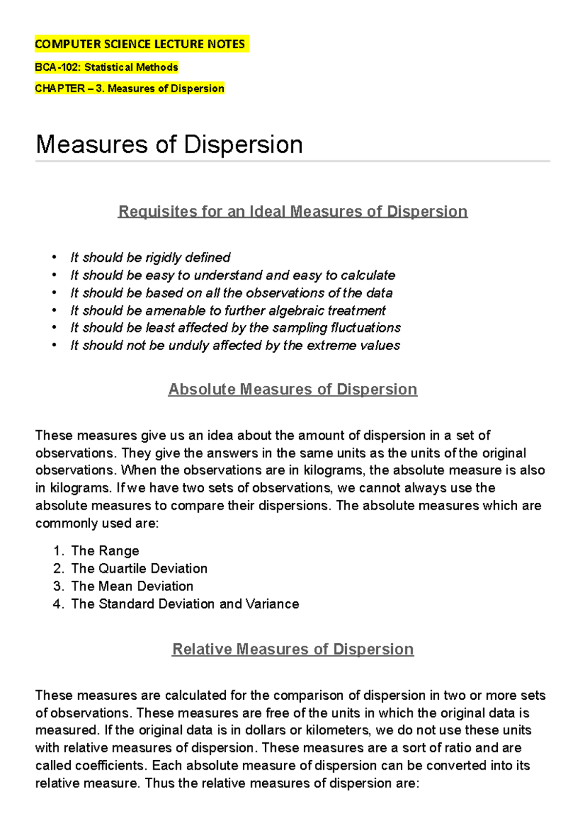 Ch 3 - measures of dispersion - COMPUTER SCIENCE LECTURE NOTES BCA-102 ...