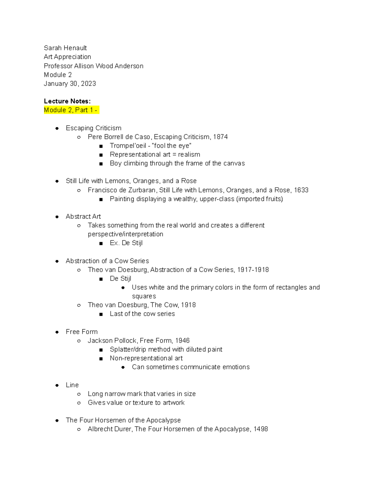 Sarah Henault - Art Appreciation Module 2 Lecture Notes - Sarah Henault ...