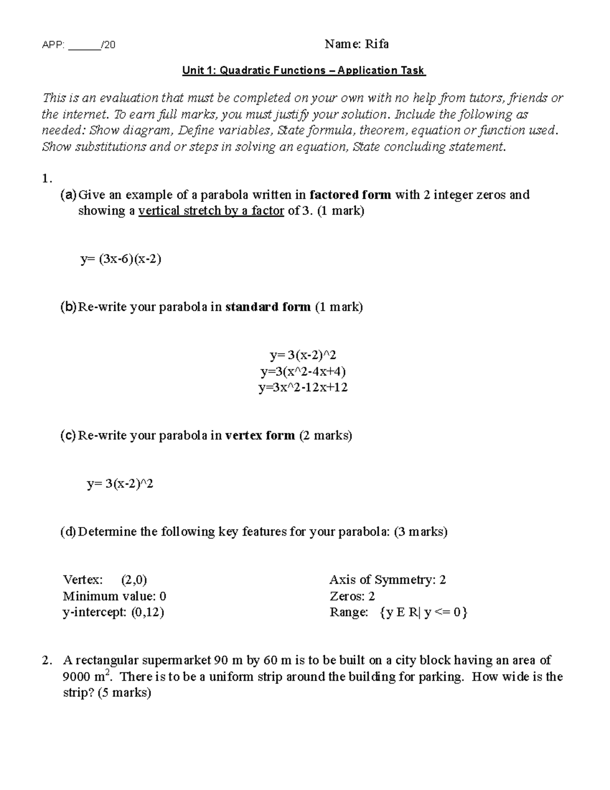 Copy of Unit 1 Application Task.docx - APP: ______/20 Name: Rifa Unit 1: Quadratic Functions ...