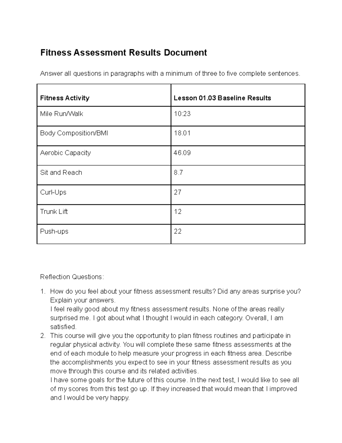 Fitness assessment results - Fitness ActivityLesson 01 Baseline Results ...