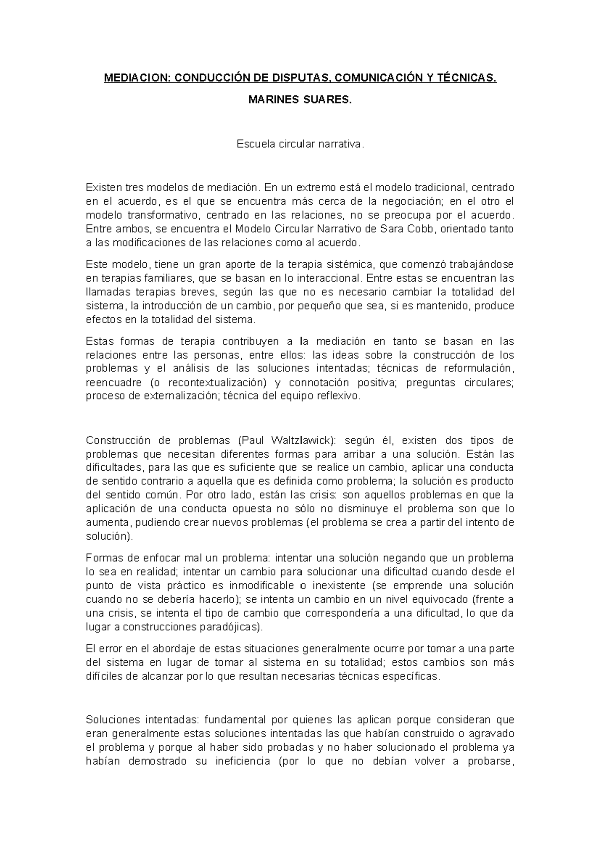 Apunte Marines Suarez - MEDIACION: CONDUCCIÓN DE DISPUTAS, COMUNICACIÓN Y TÉCNICAS. MARINES ...