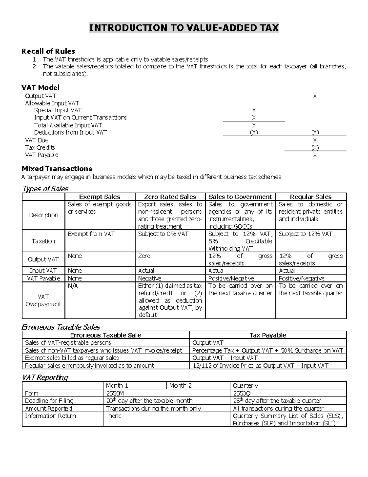 Topic 4 - Output VAT - Lecture - INTRODUCTION TO VALUE-ADDED TAX Recall ...