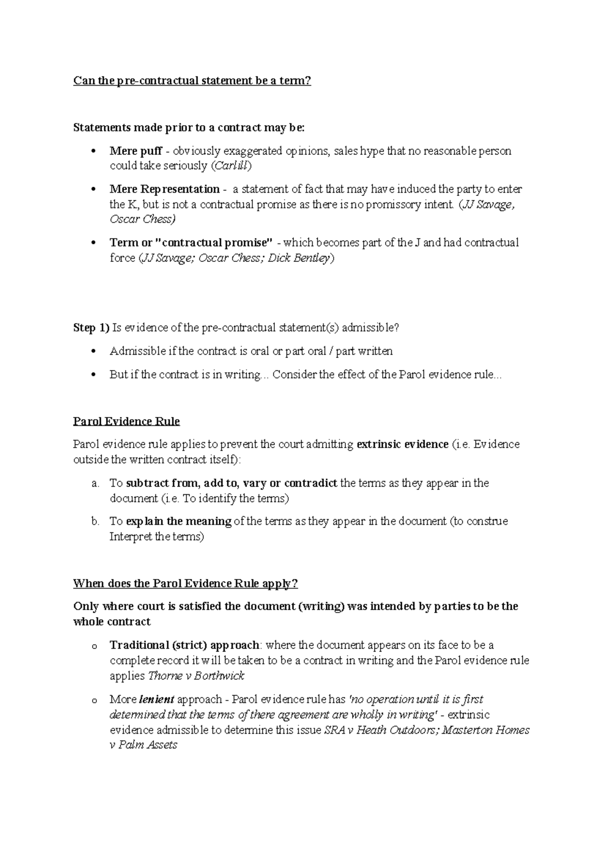 Parol Evidence Rule - Contracts B - Can the pre-contractual statement ...