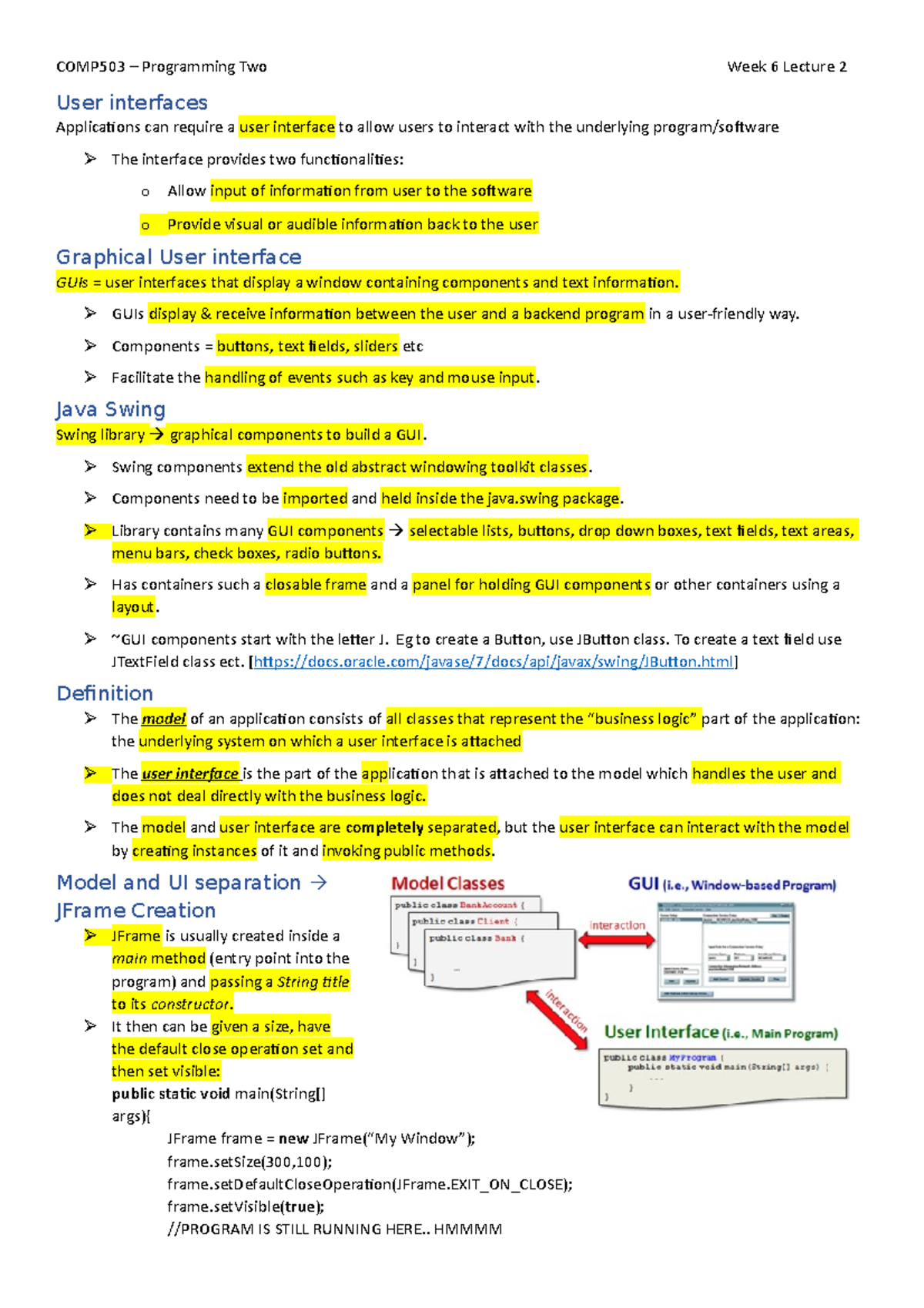 Programming 2 Lecture 12 - COMP503 – Programming Two Week 6 Lecture 2 User interfaces ...