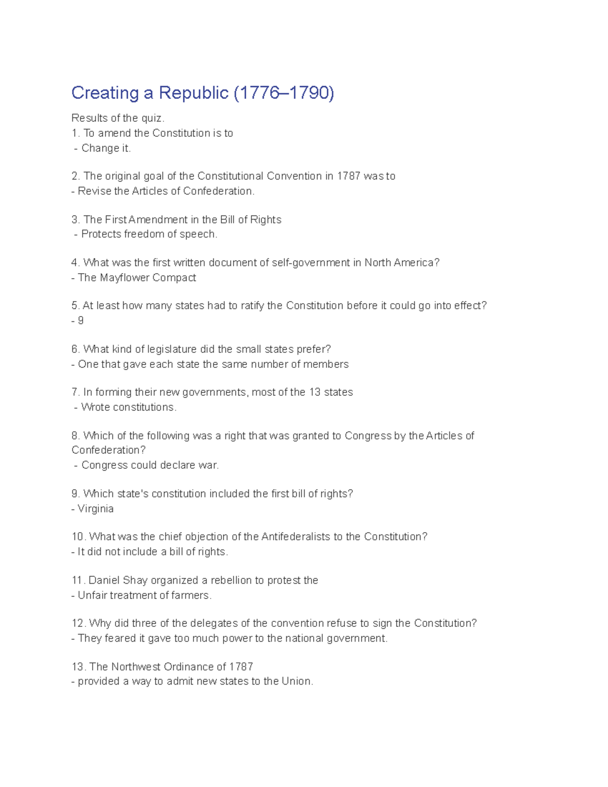 History Unit 1 Study Guide - Creating a Republic (1776–1790) Results of ...