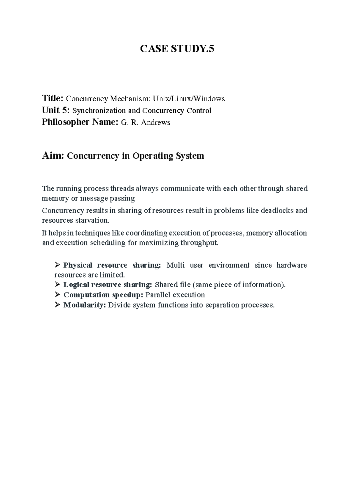 CASE Study 5sonali - CASE STUDY. Title: Concurrency Mechanism: Unix ...