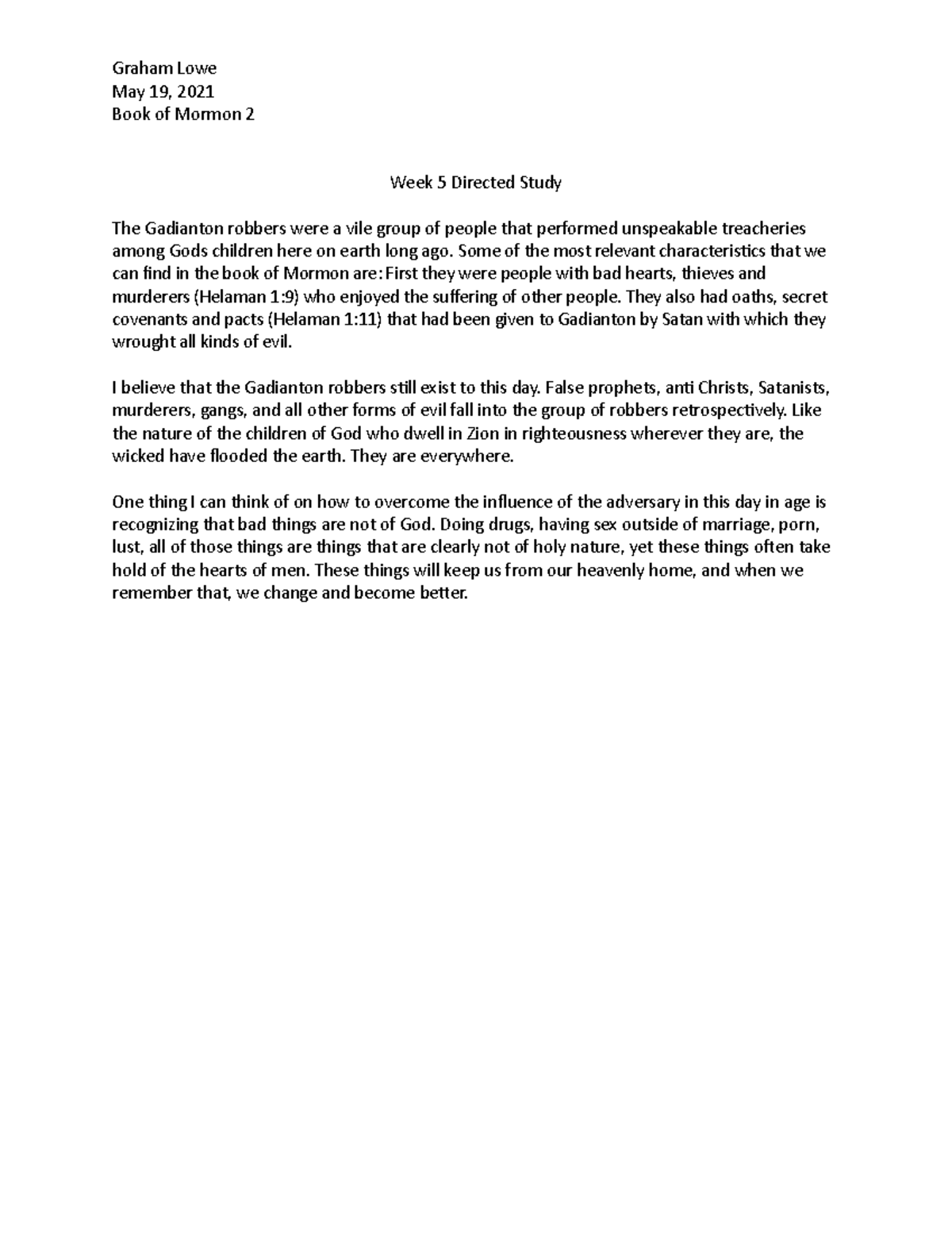 Week 5 Directed Study - Graham Lowe May 19, 2021 Book of Mormon 2 Week ...