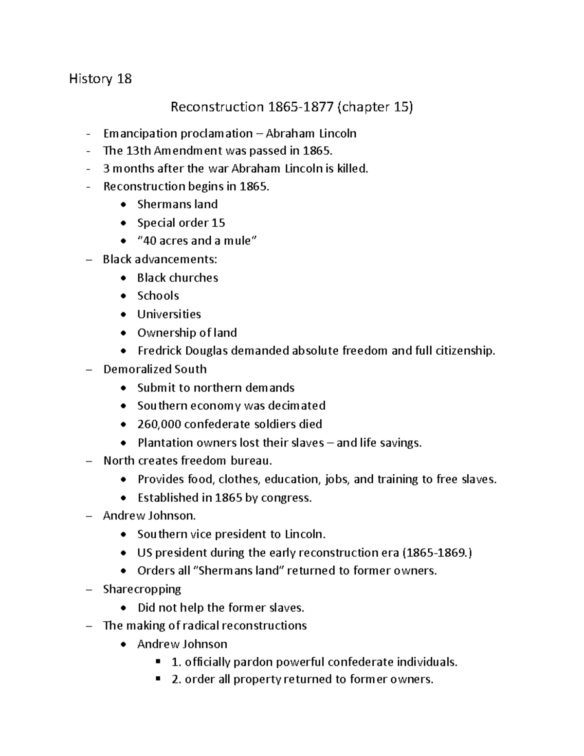 history notes chapter 15 - History 18 Reconstruction 1865-1877 (chapter ...