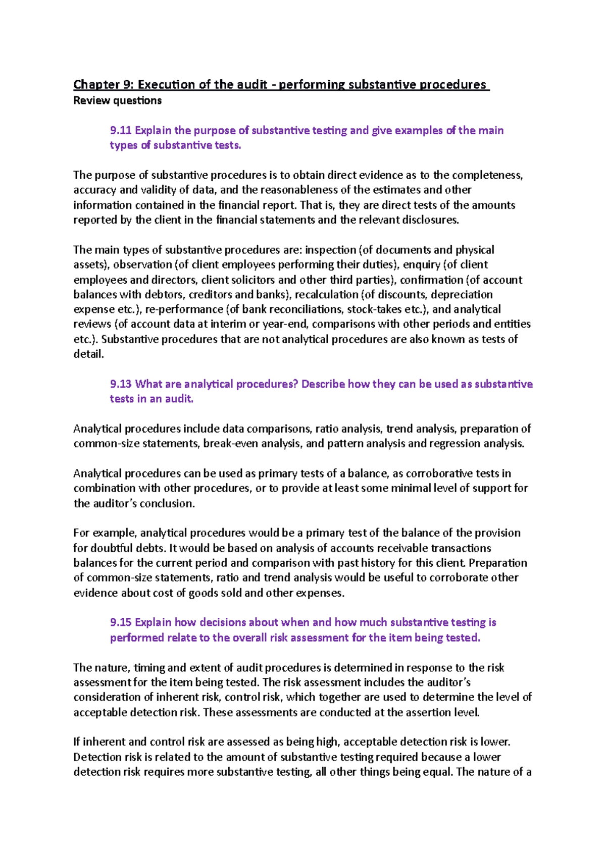 Chapter 9 Review Questions - Chapter 9: Execution of the audit - performing substantive ...