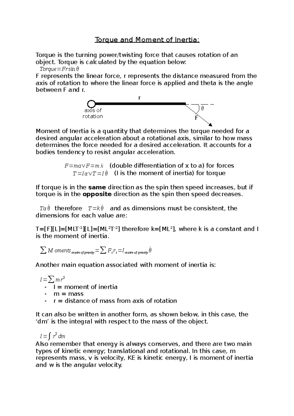 Torque and moment of inertia - Torque and Moment of Inertia: Torque is ...
